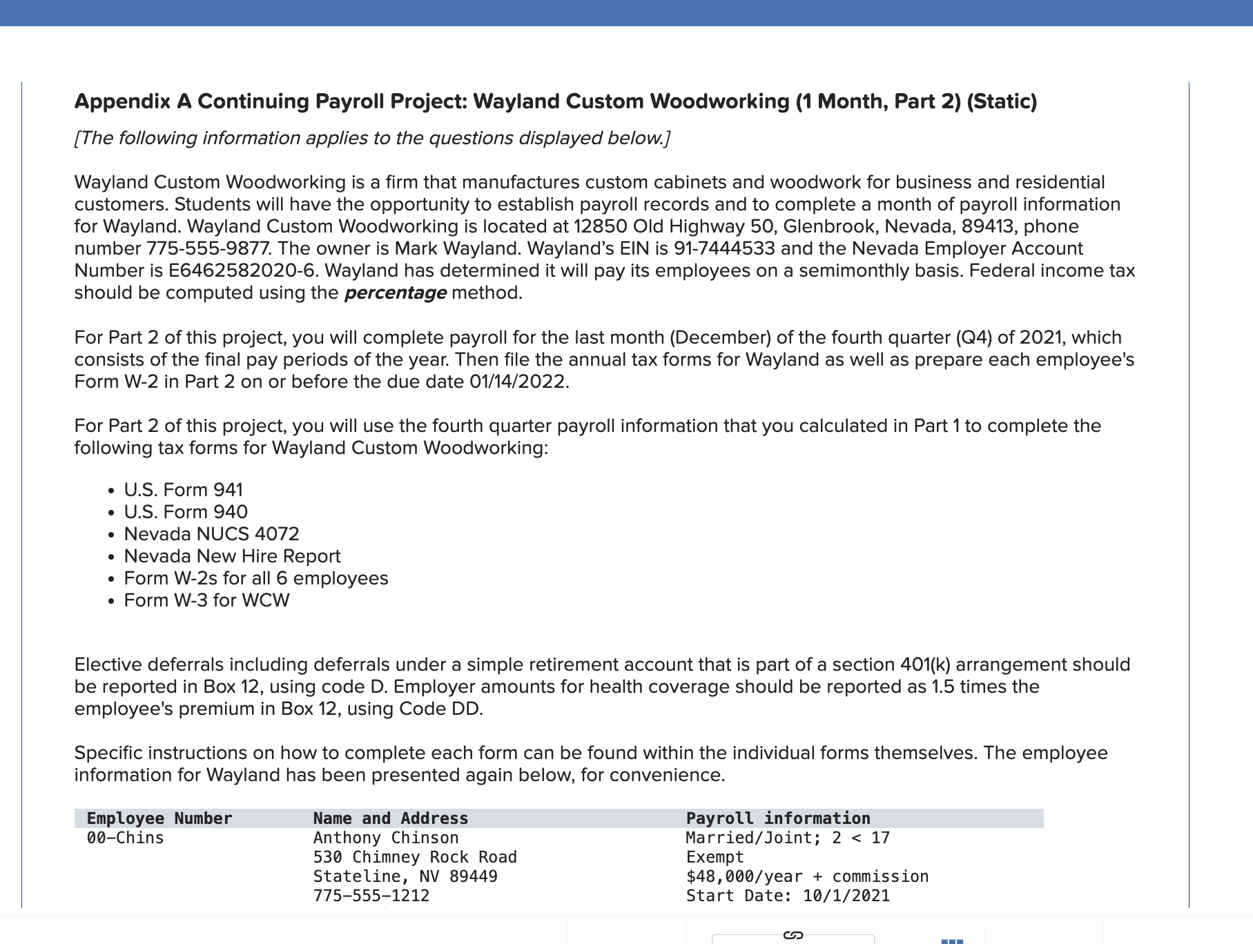 Appendix A Continuing Payroll Project: Wayland Custom | Chegg.com