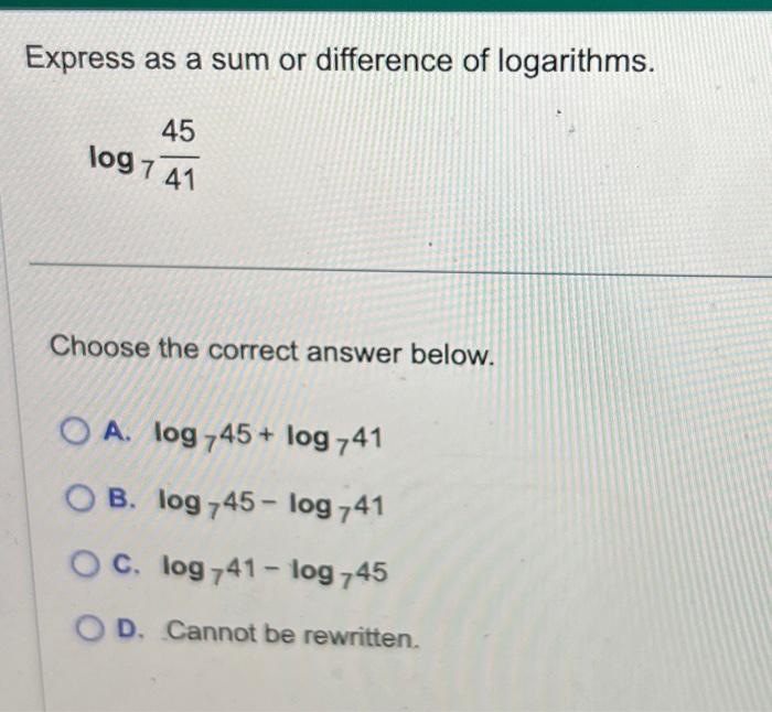 Solved Express as a sum or difference of logarithms. | Chegg.com