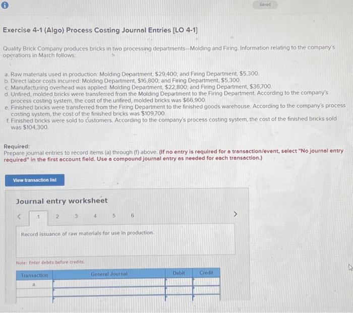 Solved Exercise 4-1 (Algo) Process Costing Journal Entries | Chegg.com
