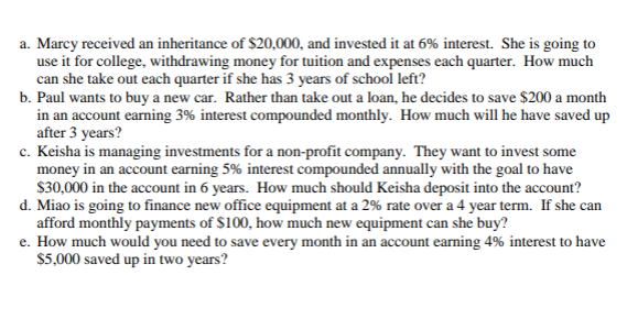 Solved a. ﻿Marcy received an inheritance of $20,000, ﻿and | Chegg.com