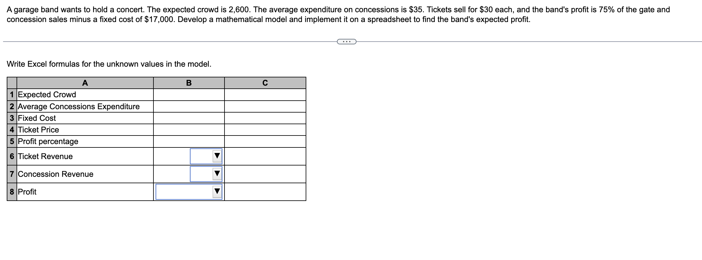 Solved Write Excel formulas for the unknown values in the | Chegg.com