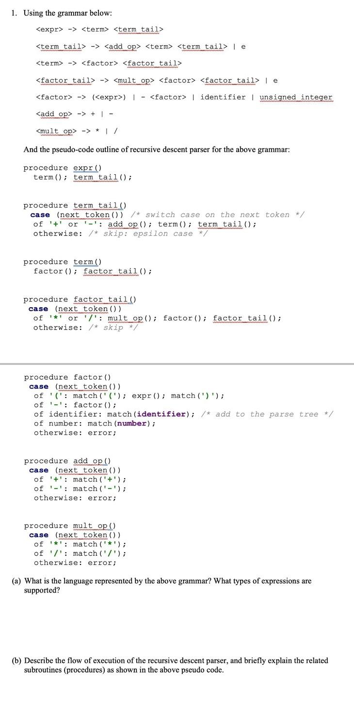 Solved 1. Using the grammar below: -> -> 1 e -> | Chegg.com