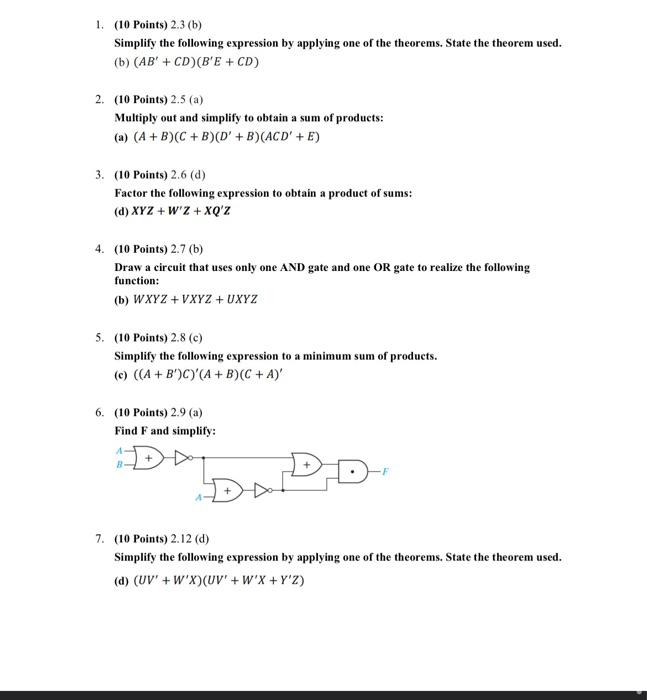 Solved 1. (10 Points) 2.3 (b) Simplify the following | Chegg.com