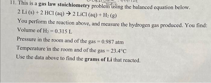 Solved 11. This is a gas law stoichiometry problem using the | Chegg.com