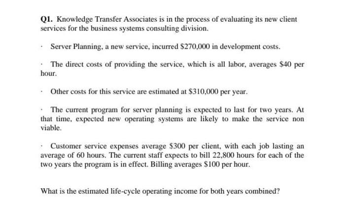 Solved Q1. Knowledge Transfer Associates is in the process | Chegg.com