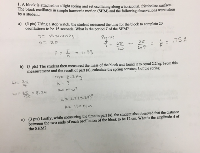 Solved 1. A block is attached to a light spring and set | Chegg.com
