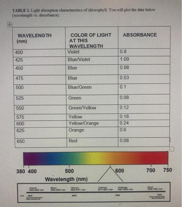Solved TABLE 1. Light absorption characteristics of | Chegg.com