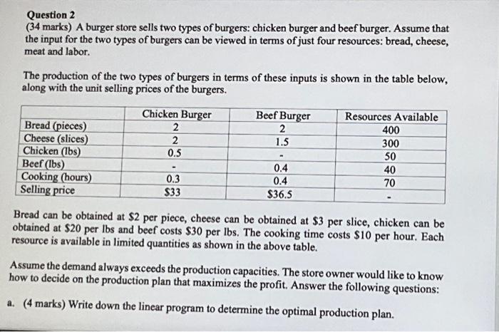 Ouestion 2(34 marks) A burger store sells two types | Chegg.com