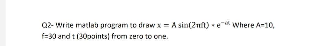 Solved Q2- ﻿Write matlab program to draw x=Asin(2πft)**e-at | Chegg.com