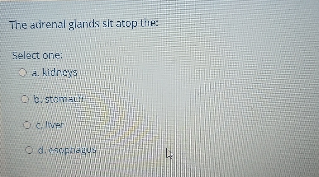 Solved The adrenal glands sit atop the:Select one:a. | Chegg.com