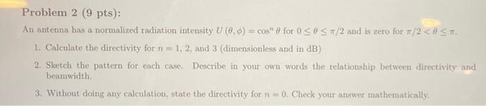 Solved Problem 2 (9 pts): An antenna has a normalized | Chegg.com