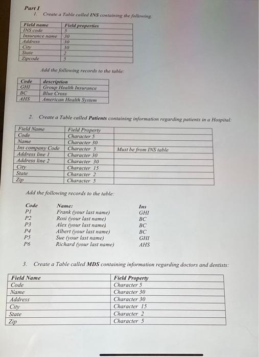 Solved Part 1 2. Create a Table called INS containing the | Chegg.com