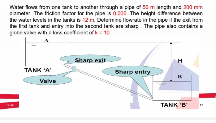 Solved Water flows from one tank to another through a pipe | Chegg.com
