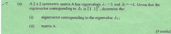 Solved A 2×2 symmetric matrix A has eigenvalues λ1=5 and | Chegg.com