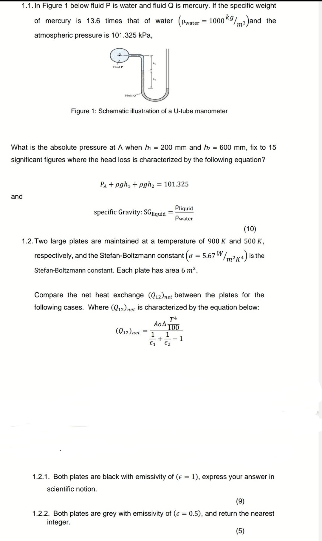1.1. In Figure 1 below fluid P is water and fluid Q | Chegg.com