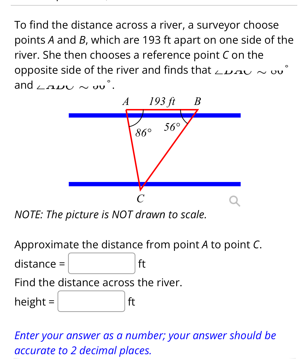Solved To find the distance across a river, a surveyor | Chegg.com