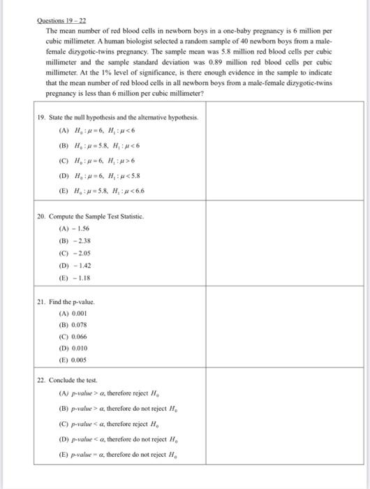 Solved Questions 19−22 The mean number of red blood cells in | Chegg.com