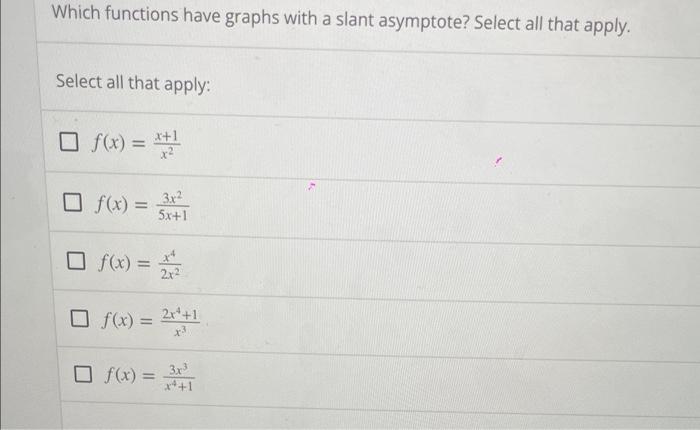 Solved Which functions have graphs with a slant asymptote? | Chegg.com