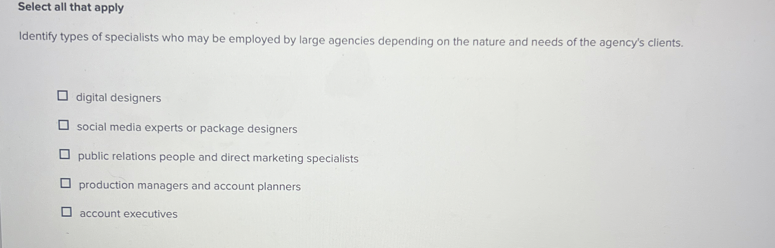 Solved Select all that applyIdentify types of specialists | Chegg.com