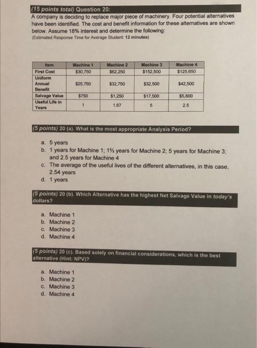 Solved (15 points total) Question 20: A company is deciding | Chegg.com