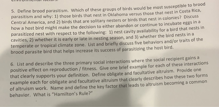 Solved CIVIUMCrai TULLUIJ. 5. Define brood parasitism. Which | Chegg.com