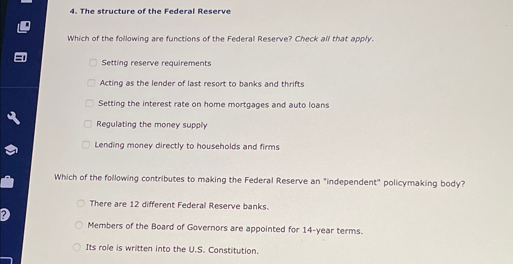 Solved The structure of the Federal ReserveWhich of the | Chegg.com