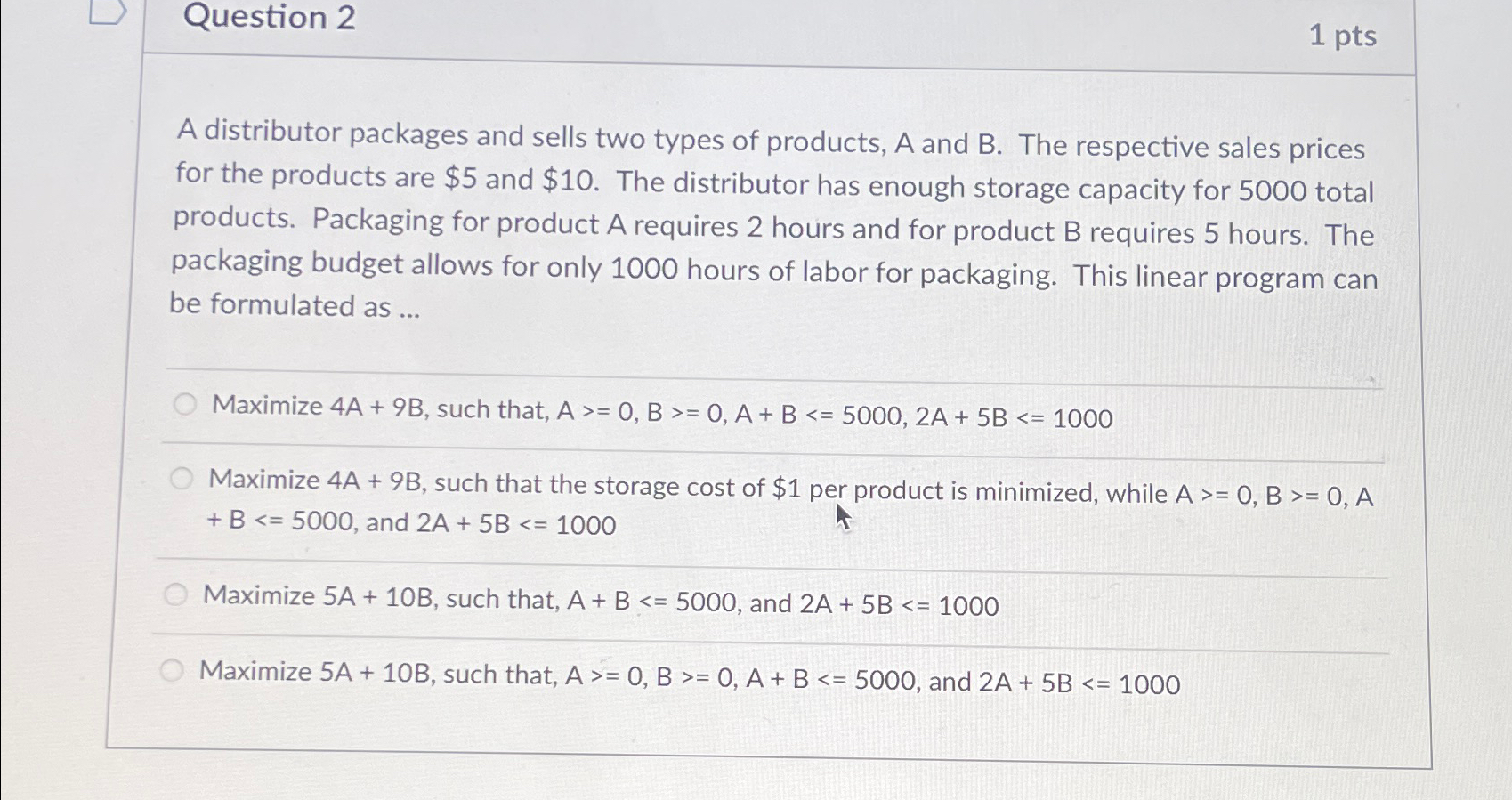 Solved Question 21ptsA distributor packages and sells two | Chegg.com