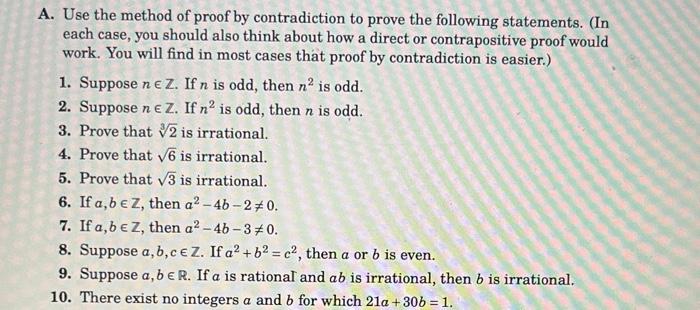 Solved A. Use the method of proof by contradiction to prove | Chegg.com