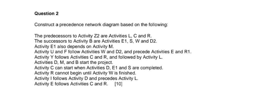 Solved Question 2 Construct a precedence network diagram | Chegg.com