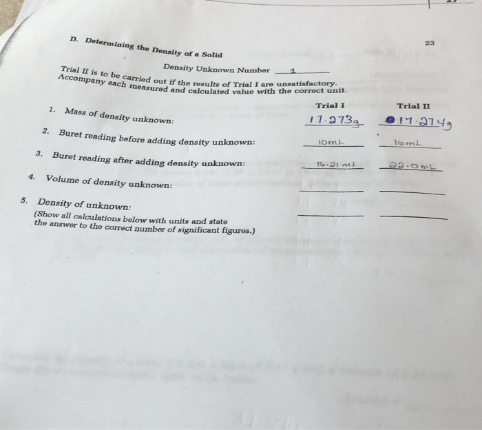 Solved D. Determining the Density of a Solid Density Unknown | Chegg.com