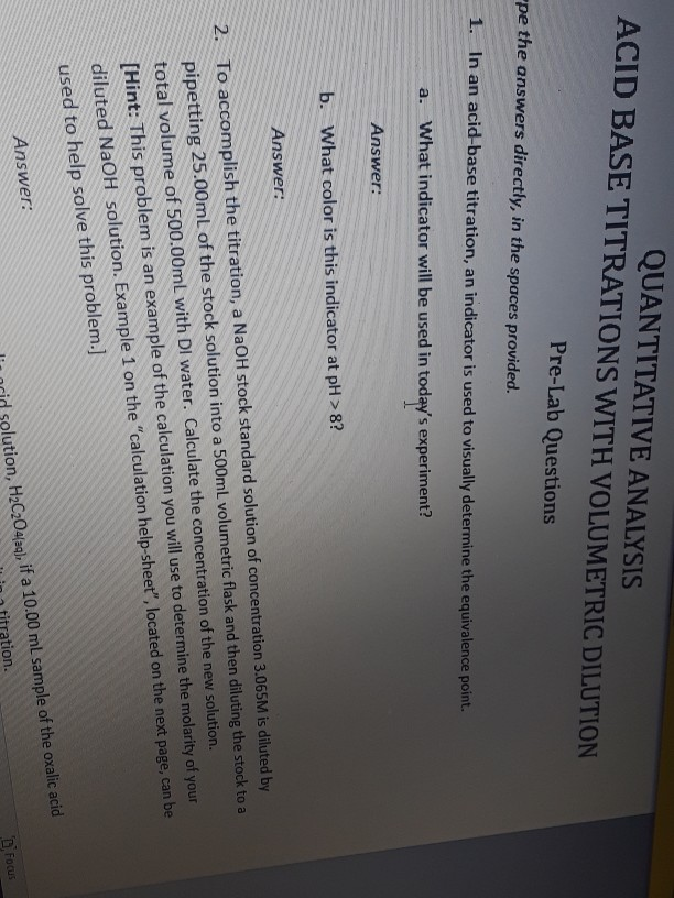 Solved QUANTITATIVE ANALYSIS ACID BASE TITRATIONS WITH | Chegg.com