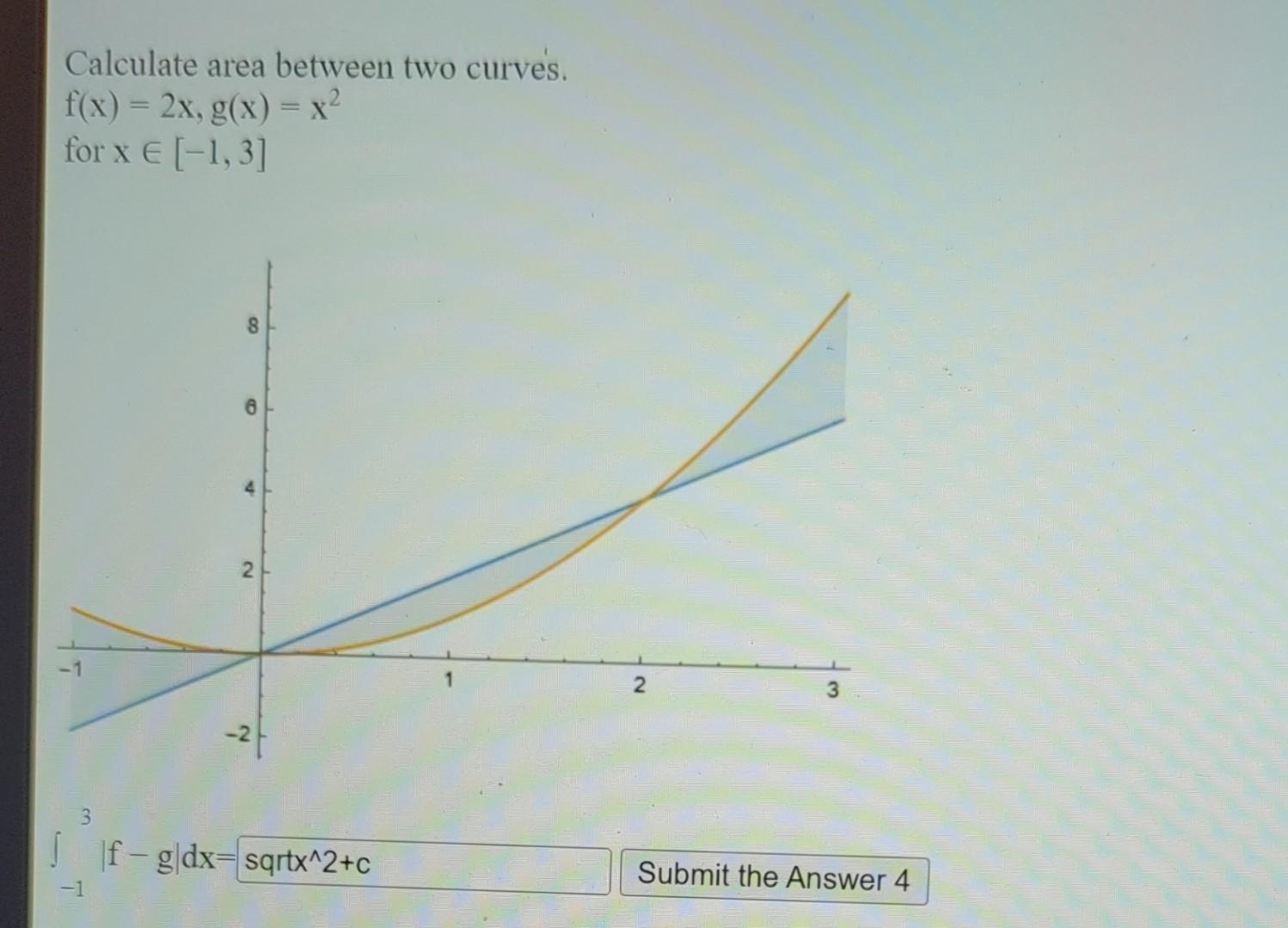 Solved Calculate area between two curves. f(x)=2x,g(x)=x2 | Chegg.com