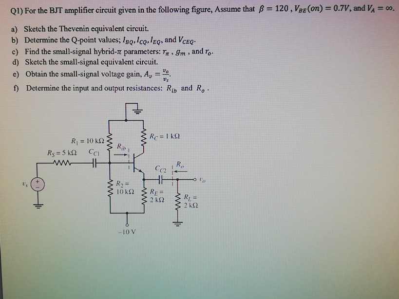Solved Q1) For the BJT amplifier circuit given in the | Chegg.com