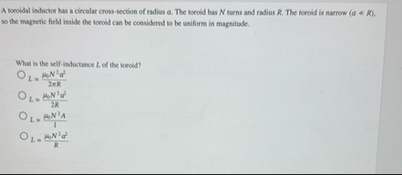 Solved A toroidal inductor has a circular cross-section of | Chegg.com