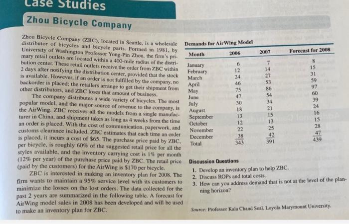 Solved Zhou Bicyele Company (ZBC), located in Seattle, is a | Chegg.com