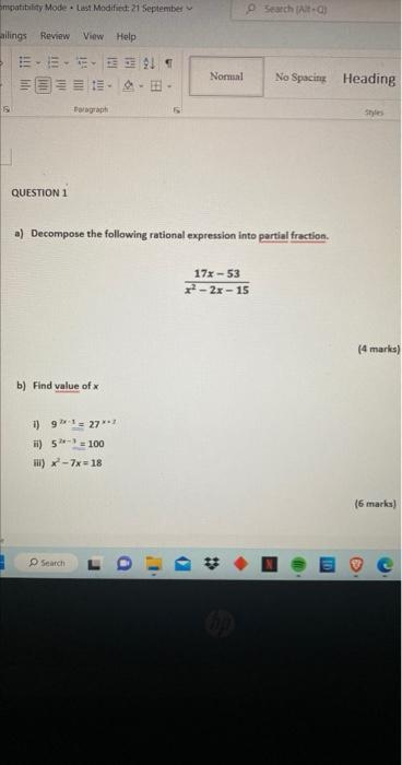 Solved a) Decompose the following rational expression into | Chegg.com