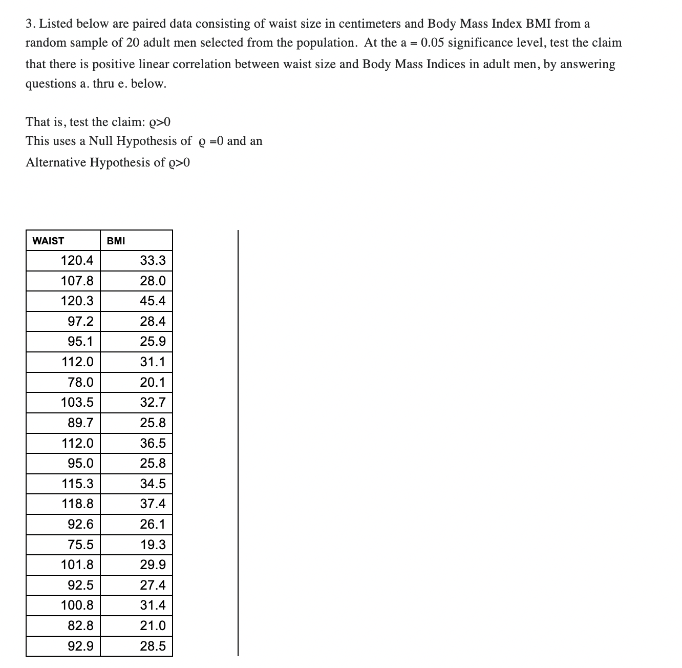 Solved Listed below are paired data consisting of waist size | Chegg.com