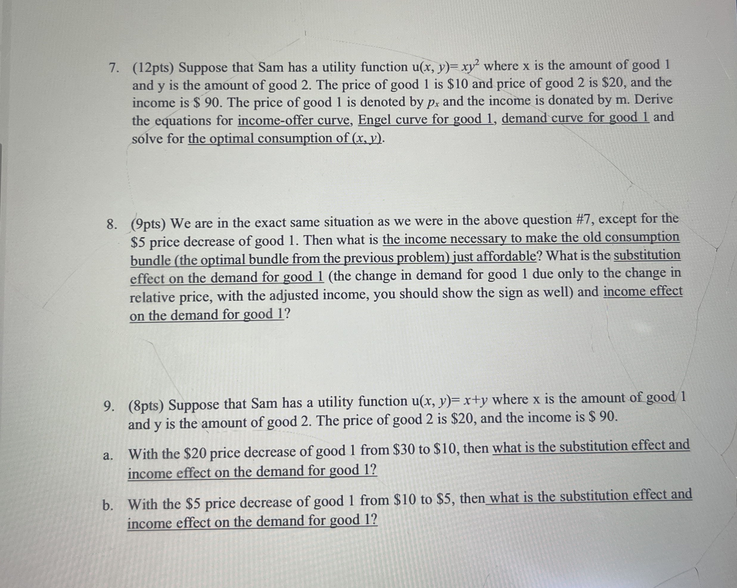 Solved (12pts) ﻿Suppose that Sam has a utility function | Chegg.com