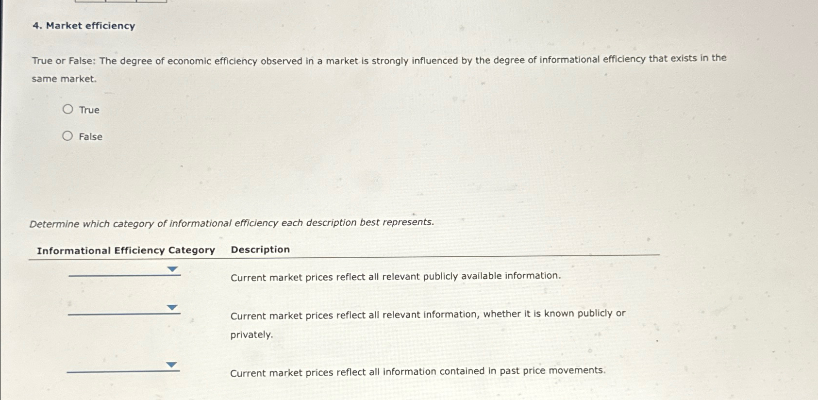 Solved Market efficiencyTrue or False: The degree of | Chegg.com