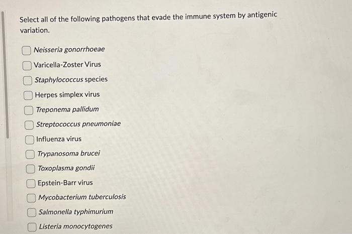 Solved Select all of the following pathogens that evade the | Chegg.com