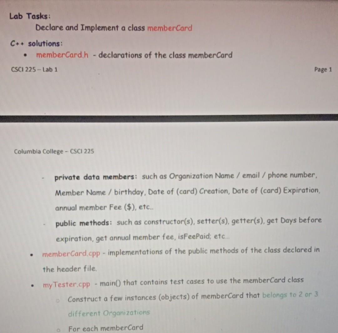 Solved Lab Tasks: Declare and Implement a class memberCard | Chegg.com