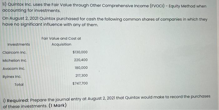 Solved 1i) Quintox Inc, uses the Fair Value through Other | Chegg.com