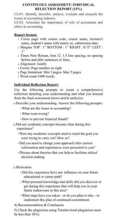 CONTINUOUS ASSESSMENT: INDIVIDUAL RELECTION REPORT | Chegg.com