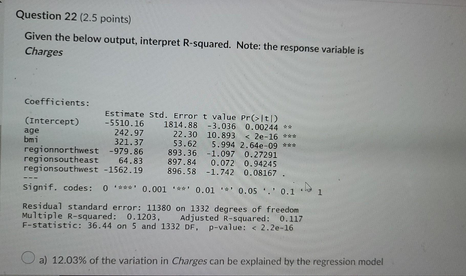 Solved Question 22 ( 2.5 points) Given the below output, | Chegg.com