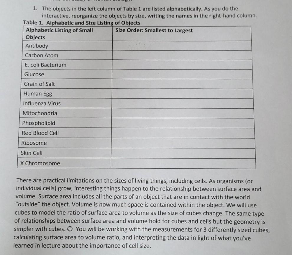 Solved 1. The objects in the left column of Table 1 are | Chegg.com