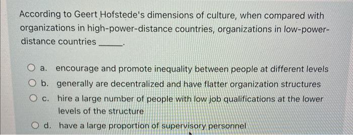 According to Geert Hofstede's dimensions of culture, | Chegg.com