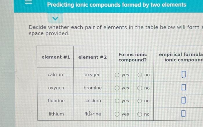 Solved Decide whether each pair of elements in the table | Chegg.com