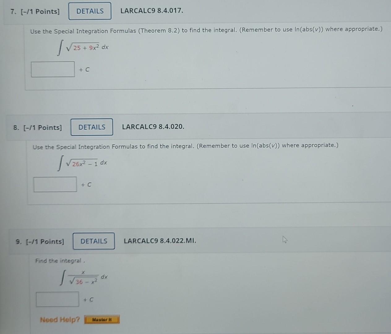 Use the Special Integration Formulas (Theorem 8.2 ) | Chegg.com