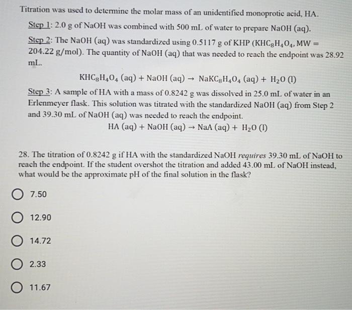 Solved Titration was used to determine the molar mass of an | Chegg.com