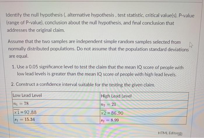 Solved Identify the null hypothesis (, alternative | Chegg.com